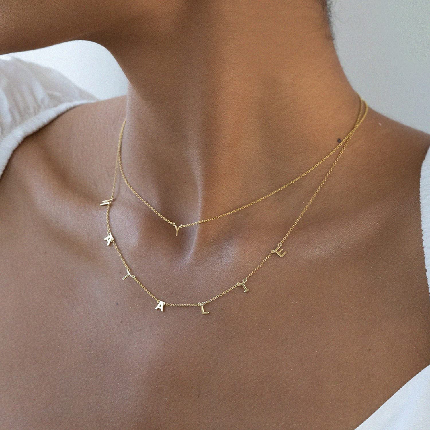 Oak&Luna - Personalized Inez Initial Necklace With Up to 8 Initials - Dainty Jewelry for Her, Woman - Custom Designer Gift for Mother's Day, Birhday, Christmas - Gemstone & Diamond Option (14k Yellow Gold, No Gemstone)