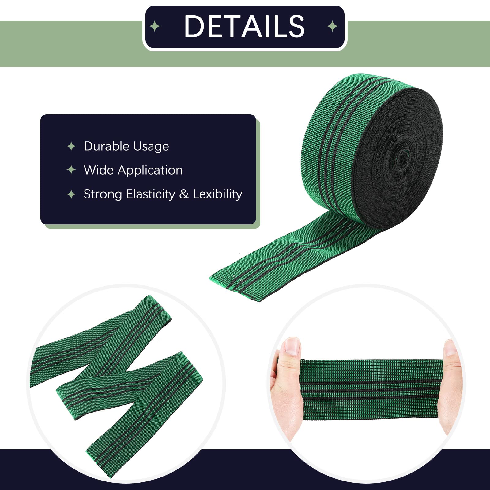 NATGAI Sofa Elastic Webbing, 40ft x 3inch Chair Webbing, Stretch Latex Band for Furniture Repair DIY, Upholstery Webbing Material Replacement, Stretchy Spring Alternative (5 Stripes)