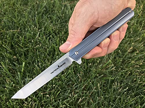 TACTICAL GEARZ Premium Titanium EDC Pocket Knife! Solid Tc4 Titanium Handle! D2 Steel Tanto Blade! Includes Sheath! (Seren Midnight Blue)
