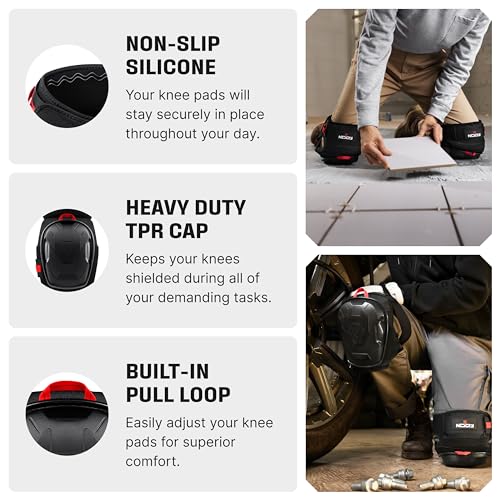 NoCry Professional Gel Knee Pads for Work β Heavy Duty Anti-Slip Cap, Extra Dual-Layer Foam and Cushion, Reinforced Adjustable Non-Slip Straps, Built-in Hangand Pull Loops, Fits Men Women, Black