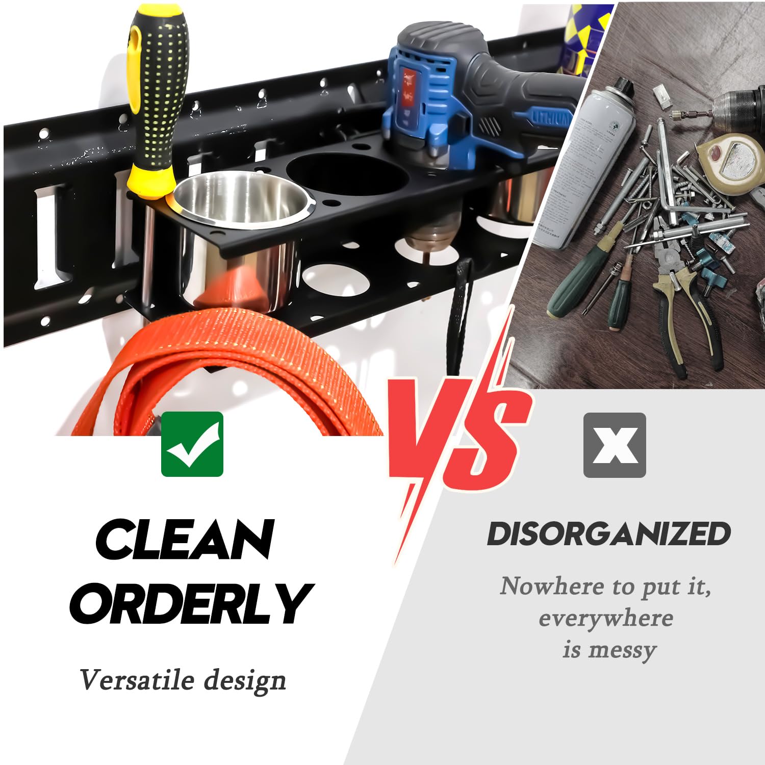 Upgrade E-Track Power Tool|Air Tool Holder Organizer Rack, Comes with 5 Heavy Duty E-Track Drill Holder or Spray Can Holder&2 Cups for Storing Parts, E-Track Accessories with Screwdriver Holder
