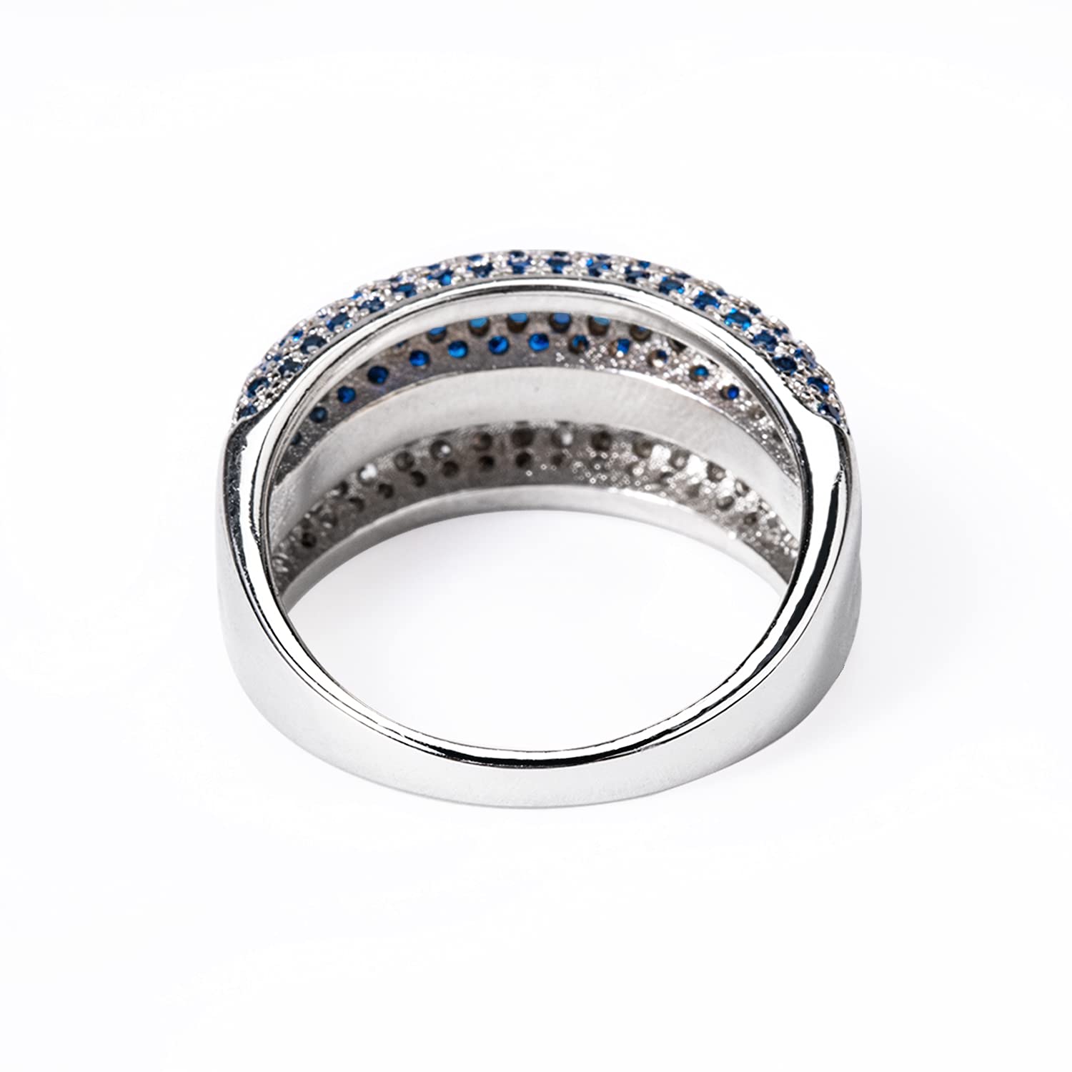 Mozume Two Tone Cubic Zirconia Eternity Rings For Women Double Row Blue Simulated Sapphire Cocktail Ring CZ Band - 14K White Gold Plated (6)