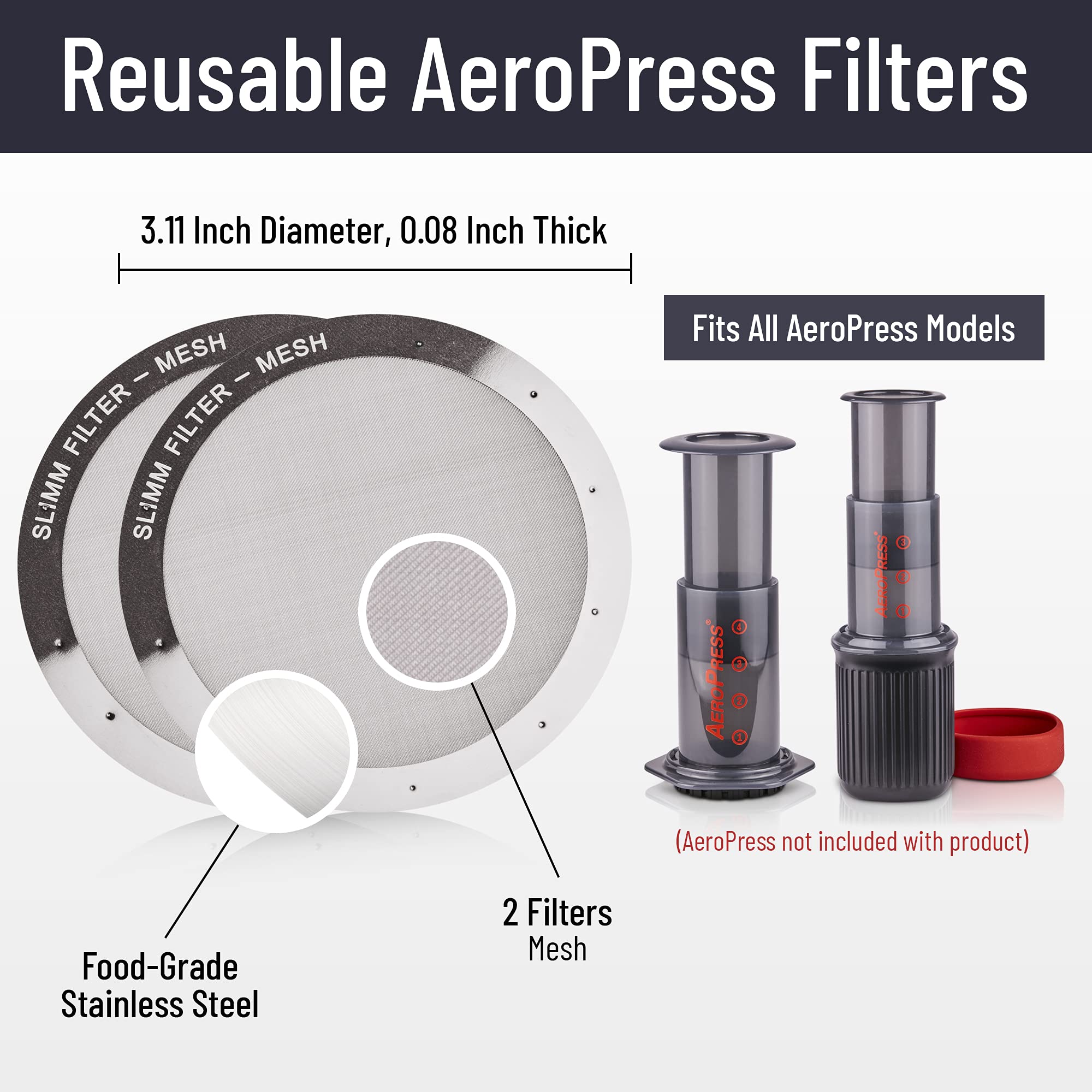 Reusable Filter Set by Slimm Filter - 2 Piece, Stainless Steel Metal - 2x Mesh Metal Filters For AeroPress Coffee & Espresso Maker, with Complimentary Recipe Book - Brew Barista-Grade Coffee At Home