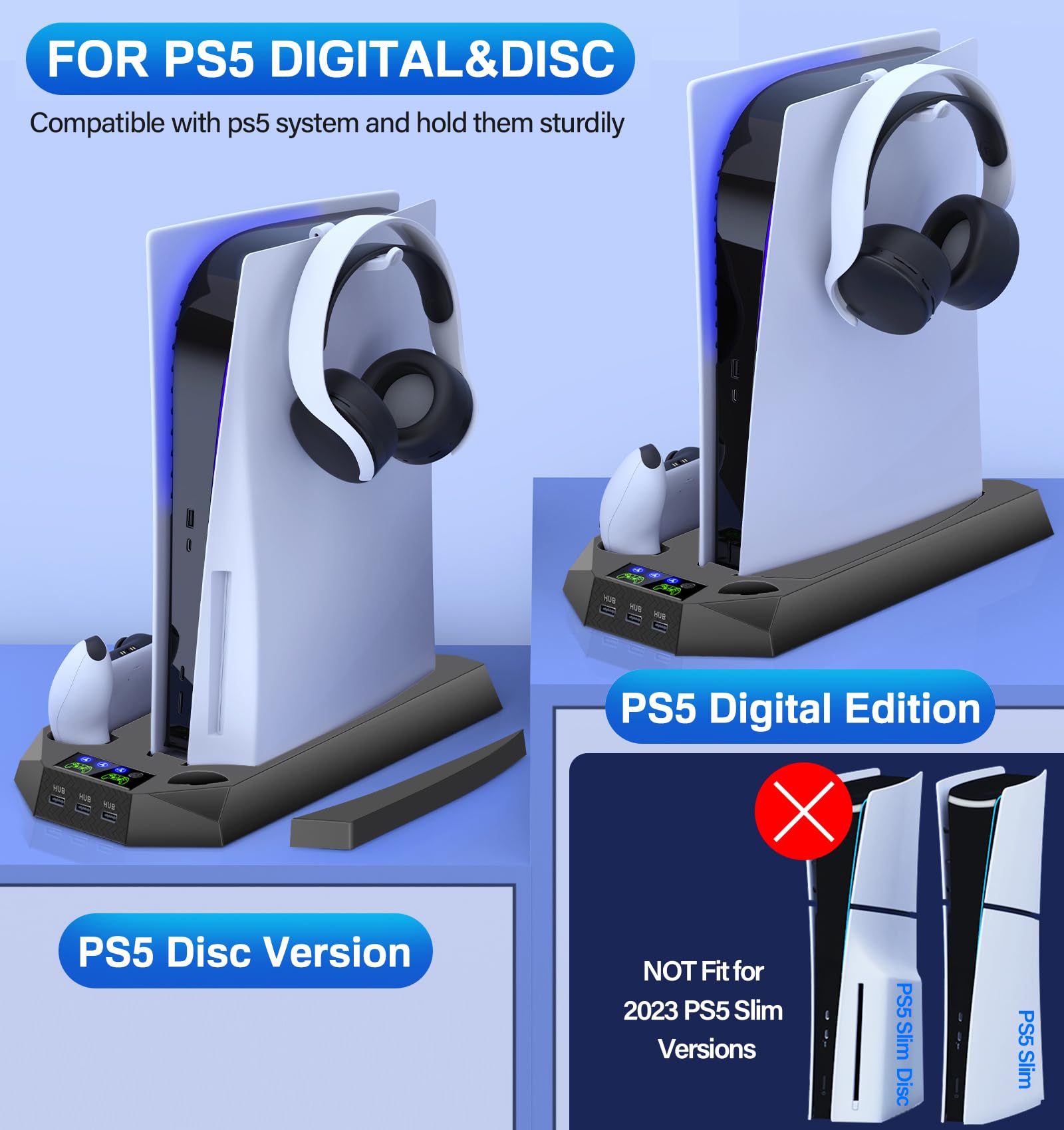 PS5 Stand with Cooling Station PS5 Controller Charging Station for Playstation 5 PS5 Console Edition, PS5 Accessories-Cooler Fan/Remote Charger/Headset Holder(Not Fit 2023 PS5 Slim Disc/Digital)