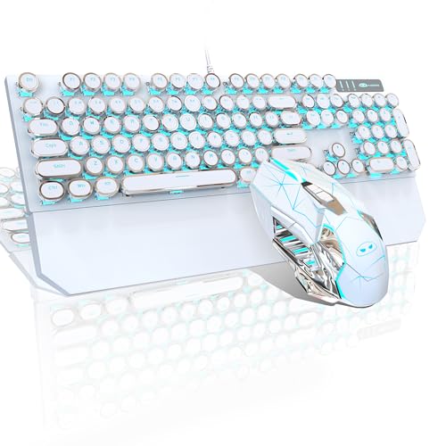 Typewriter Mechanical Gaming Keyboard and Mouse Combo, Retro Punk Round Keycap Blue LED Backlit USB Wired Computer Keyboard for Game and Office, for Windows Laptop PC, Red Switches(White)