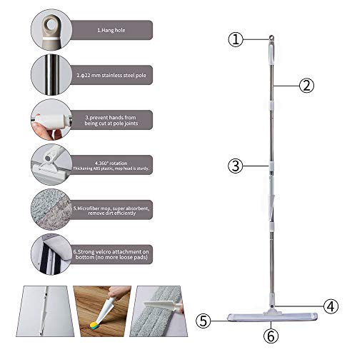 TAINER Microfiber Commercial Wet Mop Flat Floor Dust 17" 18" Inch for Hardwood Laminate Tile Cleaning, Stainless Handle and Alloy Mop Head - 4 Reusable Mop Pads + 1 Dirt Removal Scrubber (PT12-WHITE)