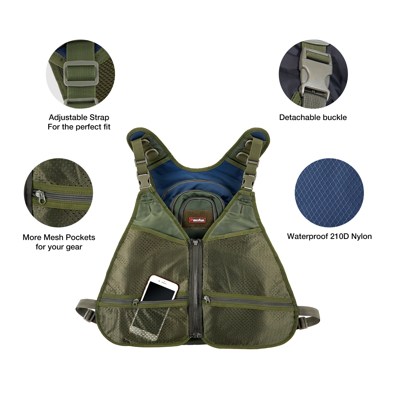 Piscifun Fishing Vest Backpack with Waterproof Phone case, Ultra Lightweight Fly Fishing Vest