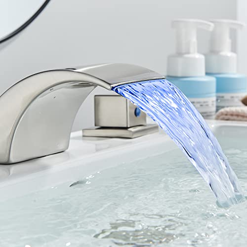 Oulantron Waterfall Widespread Bathroom Sink Faucet Bathroom Basin Sink Faucet LED with Changing 2 Handle 3 Hole Brushed Nickel Cold and Hot Water Mixer Vanity Bathroom Faucet