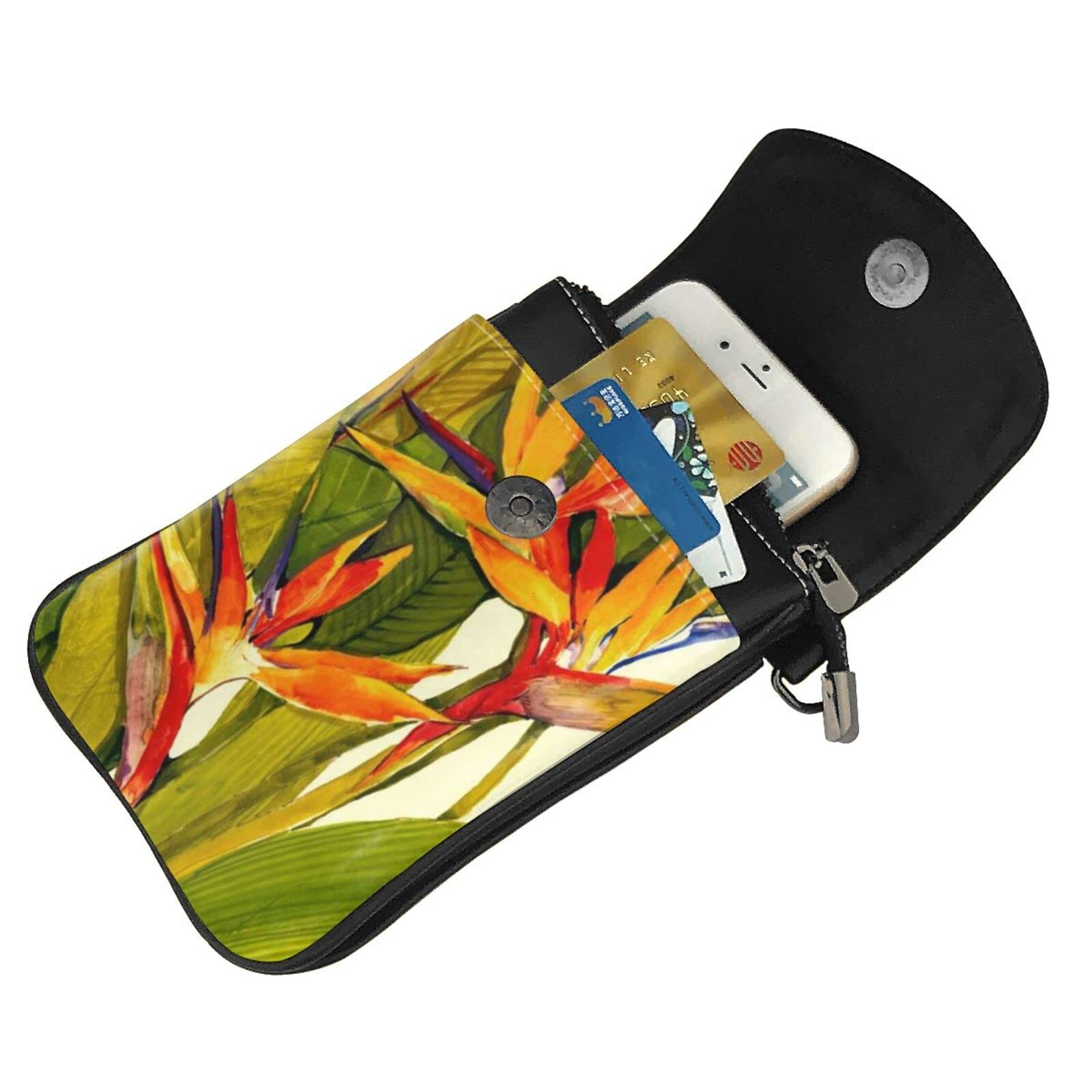 Small Tropical Bird Of Paradise Cell Phone Purse For Women Lightweight Crossbody Bags,Women Pu Leather Multicolor Handbag With Adjustable Strap.