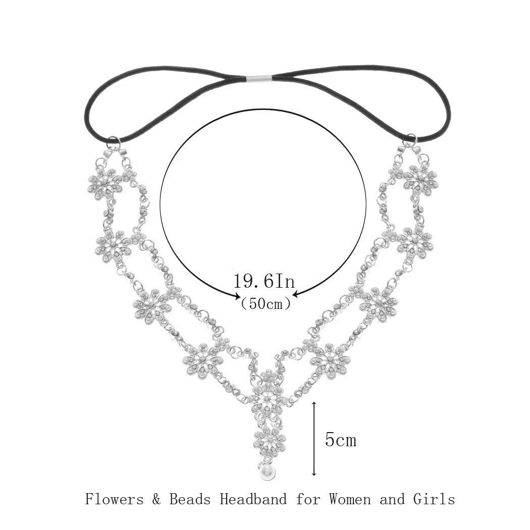 Unsutuo Hair Jewelry Head Chain Wedding Bohemian Floral Headband Elastic for Women and Girls⦠(Silver)
