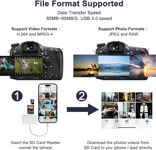 UWECAN SD TF Card Reader for iPhone/iPad, 4 in 1 Micro SD/SD Card Reader to iPhone Adapter, SD Card Viewer USB OTG Adapter, Portable Camera Memory Card Reader for iPhone with PD 60W Fast Charging Port