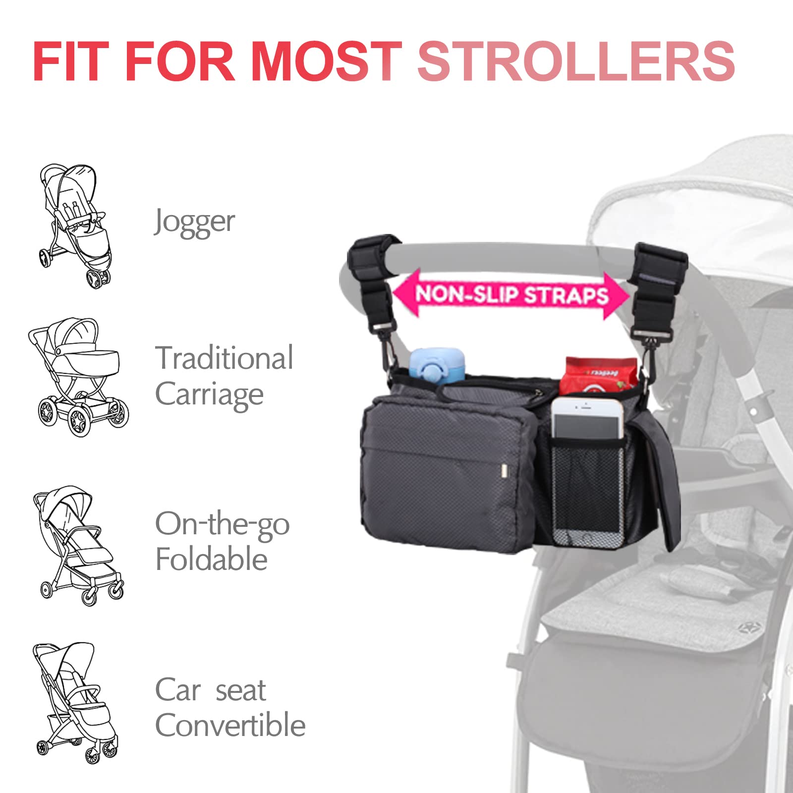 Tydast Universal Baby Stroller Organizer with Cup Holder, Detachable Zipper Pocket, Adjustable Shoulder Strap, Large Capacity for Baby Essentials, Compact Design with Non-Slip Strap Fits Any Strollers
