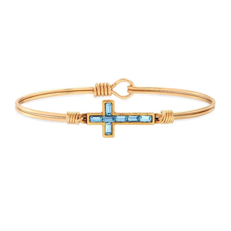 Luca + Danni Baguette Cross Bangle Bracelet in Aquamarine For Women - Silver Tone Regular Size Made in USA
