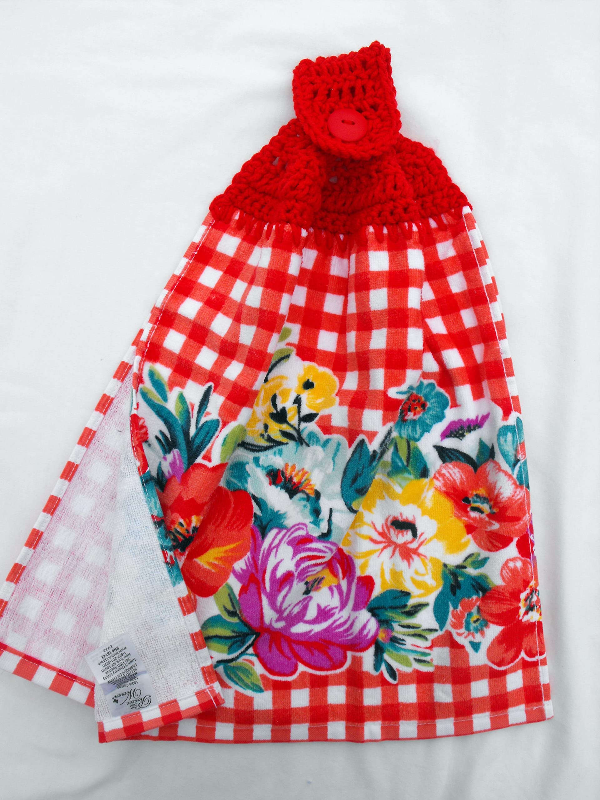 PIONEER SWEET ROMANCE WOMAN - RED GINGHAM VIBRANT FLORAL - DOUBLE THICK HANGING KITCHEN TOWEL