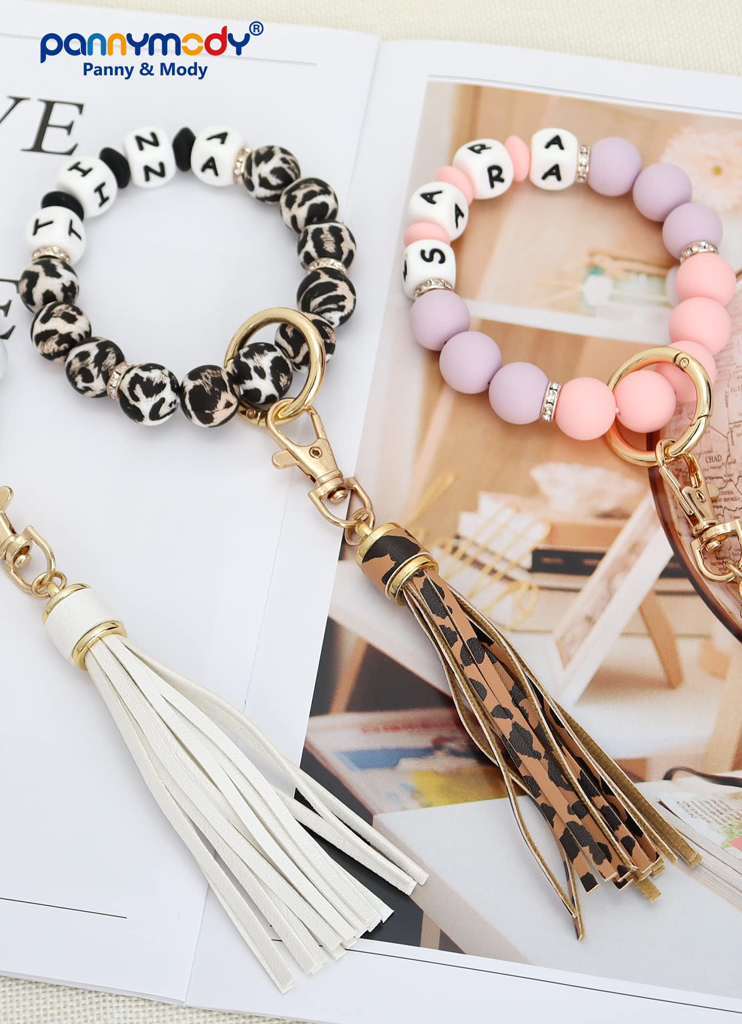 Panny&Mody Silicone Beaded Bracelet Keychain Wristlet,Personalized Keychain Wristlet Key Ring Holder with Zircon Leather Tassel(Pearl+White)