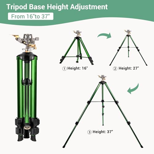 Tripod Sprinklers for Yard, Yumatum Lawn Sprinkler with 360 Degree Large Area Irrigation, Heavy Duty Adjustable Height from 16β-37β, 3/4 Inch Connector Sprinkler for Lawn/Yard/Garden, 1 Pack