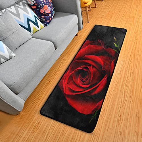 Red Rose Flower Close Up Runner Rug 72 x 24 Inch, Valentine Kitchen Rug Doormat Bath Mat Area Rug Non-Slip Carpet for Kitchen Living Bedroom