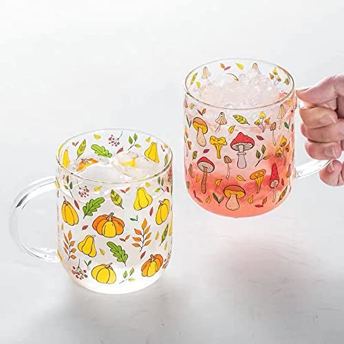 Mushroom Glass Mug with Gold Spoon Aesthetic Glass Cup with Cute Mushroom Patterns Mushroom Coffee Milk Mug Tea Cup Breakfast Drinking Mushroom Stuff (with Spoon)
