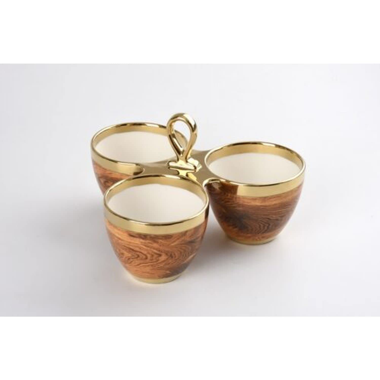 Pampa Bay Wood Look Titanium-Plated Porcelain 3 Part Server, 8.8 x 5.5 Inch, Gold/White/Wood look