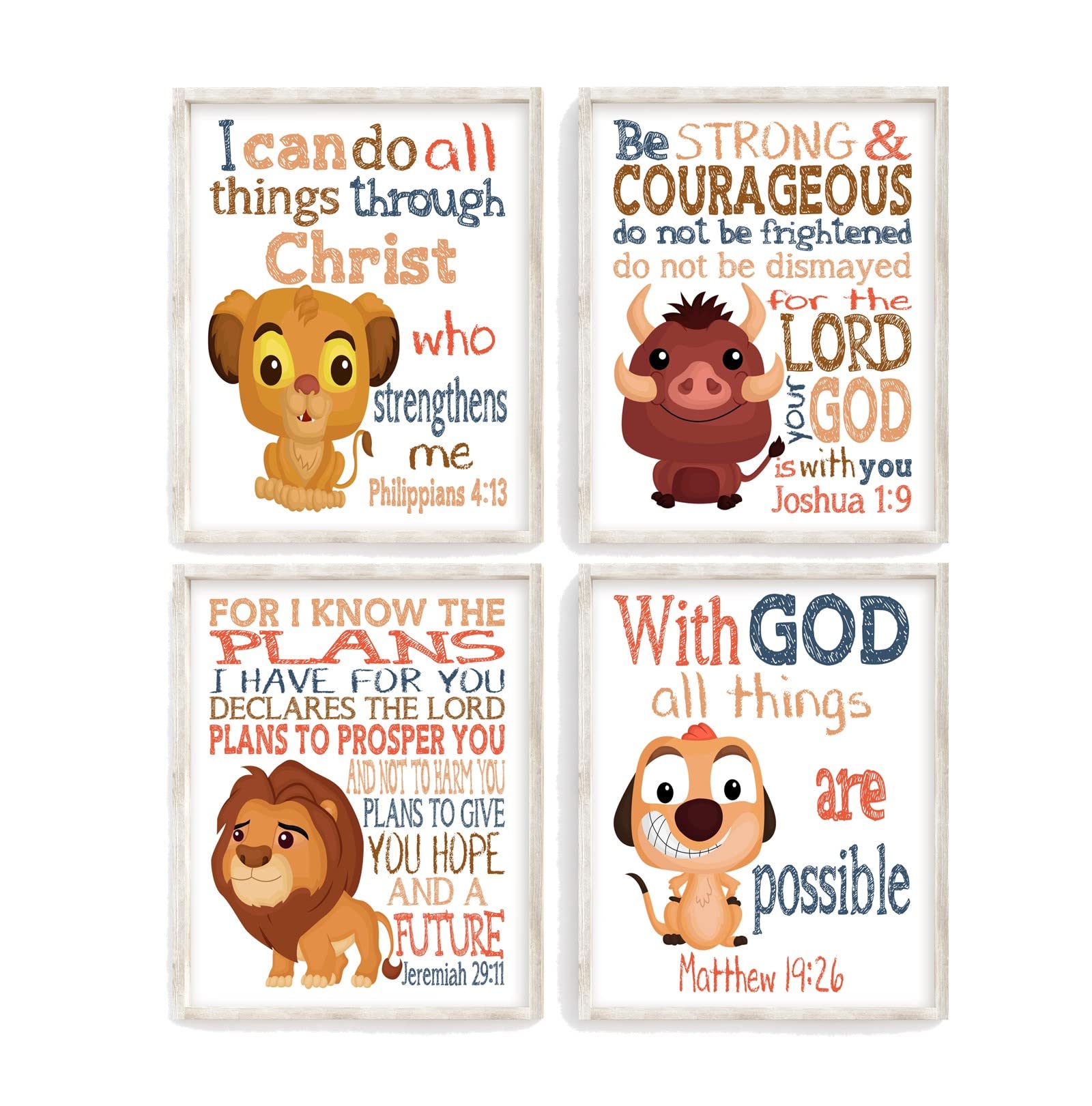 Lion King Christian Nursery Decor Set of 4 Unframed Prints Mufasa, Pumba, Simba and Timon with Bible Verses