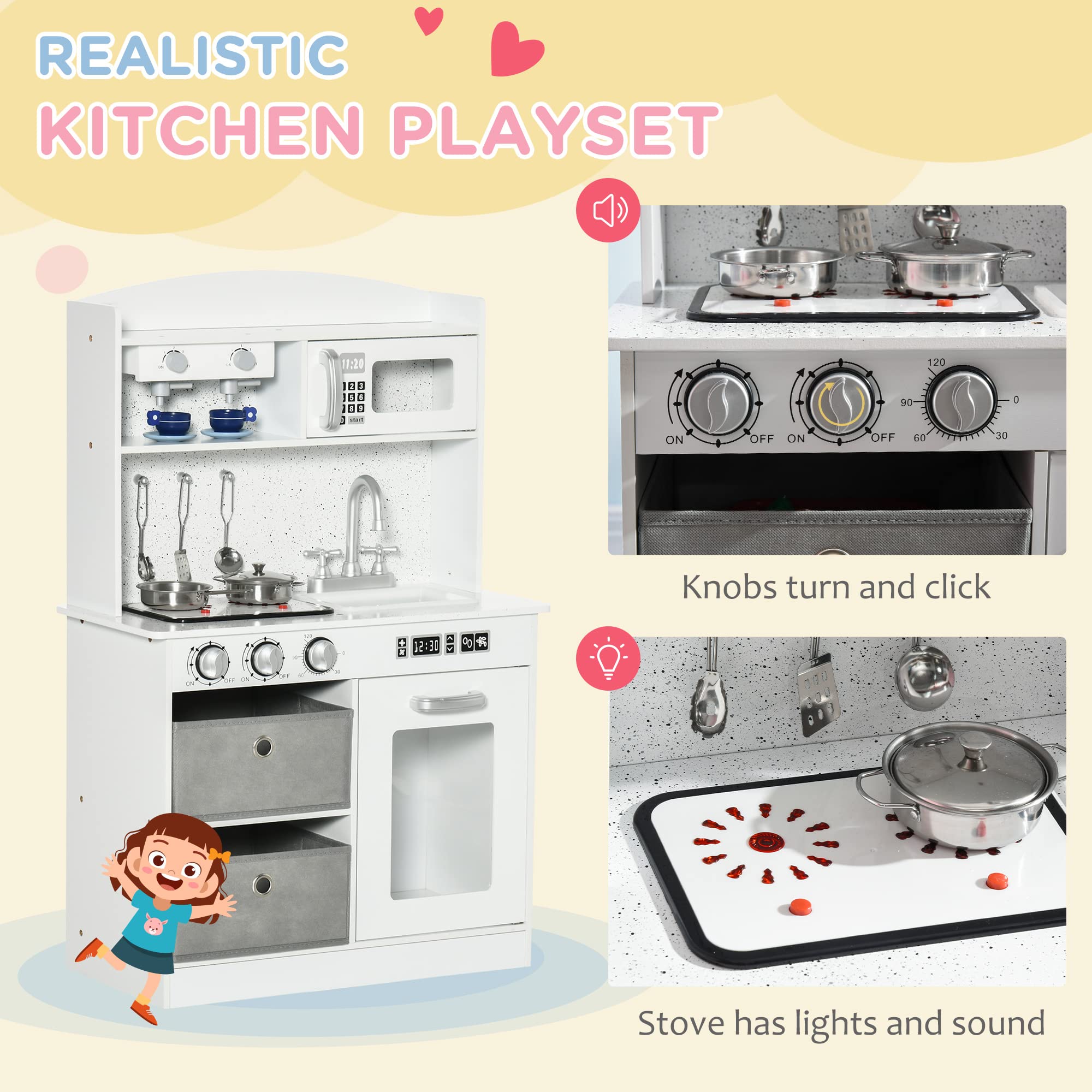 Qaba Wooden Play Kitchen with Easy Toy Organizer Bins, Latte Maker Pretend Play Kitchen Set with Stove Sound Effects, Preschool Imaginative Toy Playset