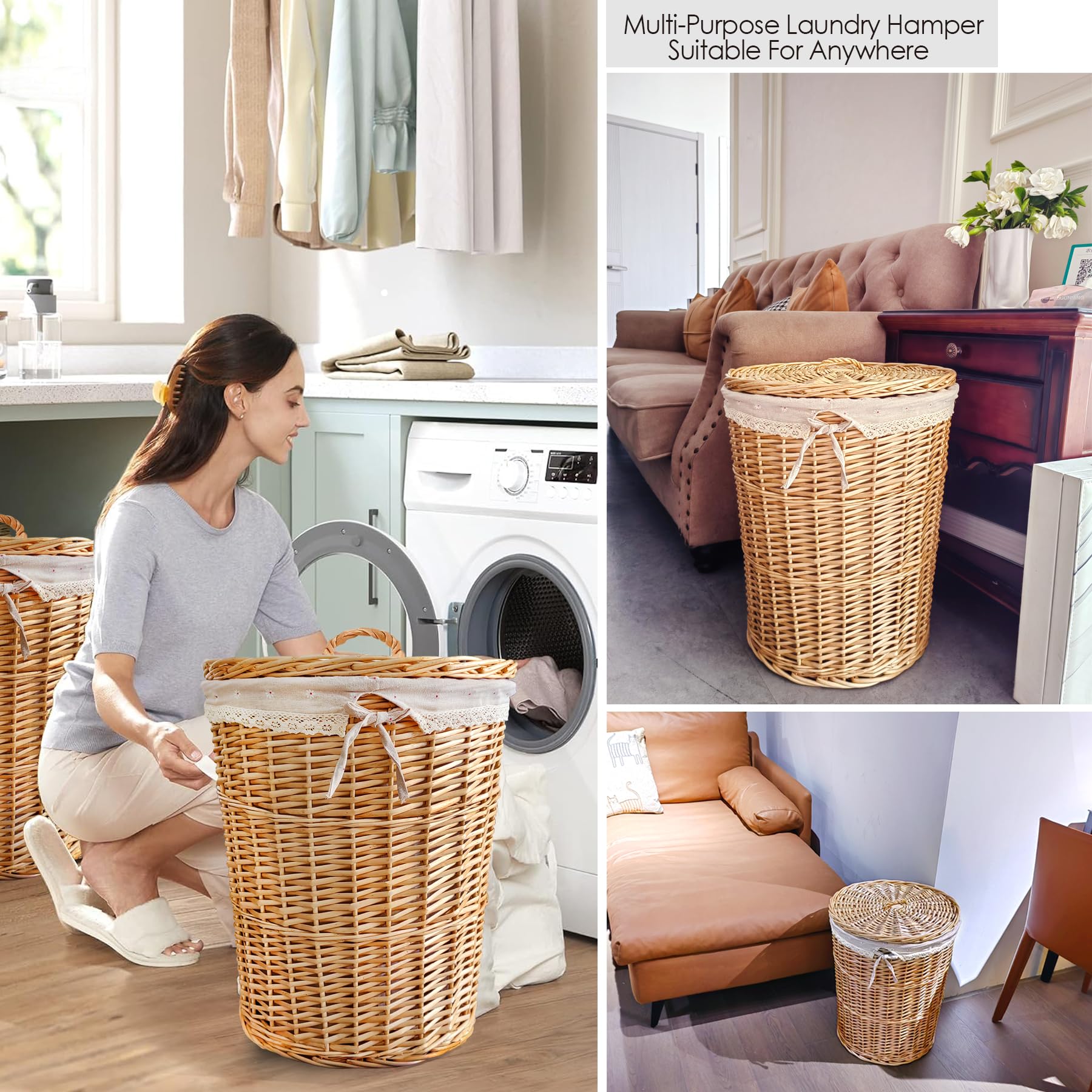 Winsterch Handwoven Laundry Hamper,Wicker Laundry Basket with Lid and Handles,Dirty Clothes Hamper Laundry Basket with Removable Liner Bag,Laundry Basket (Round)