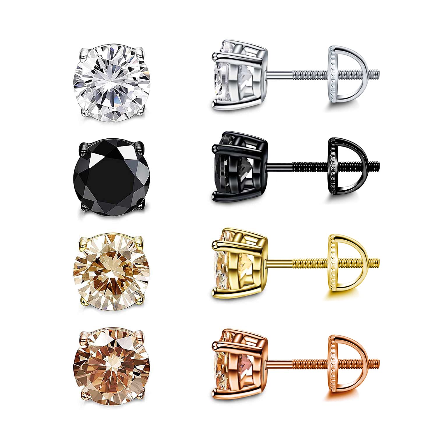 Pack of Screw Back Earrings 18K Gold Plated Cubic Zirconia Rainbow CZ Simulated Diamond Studs for Women Men Hypoallergenic for Sensitive Ears Helix Piercing Post