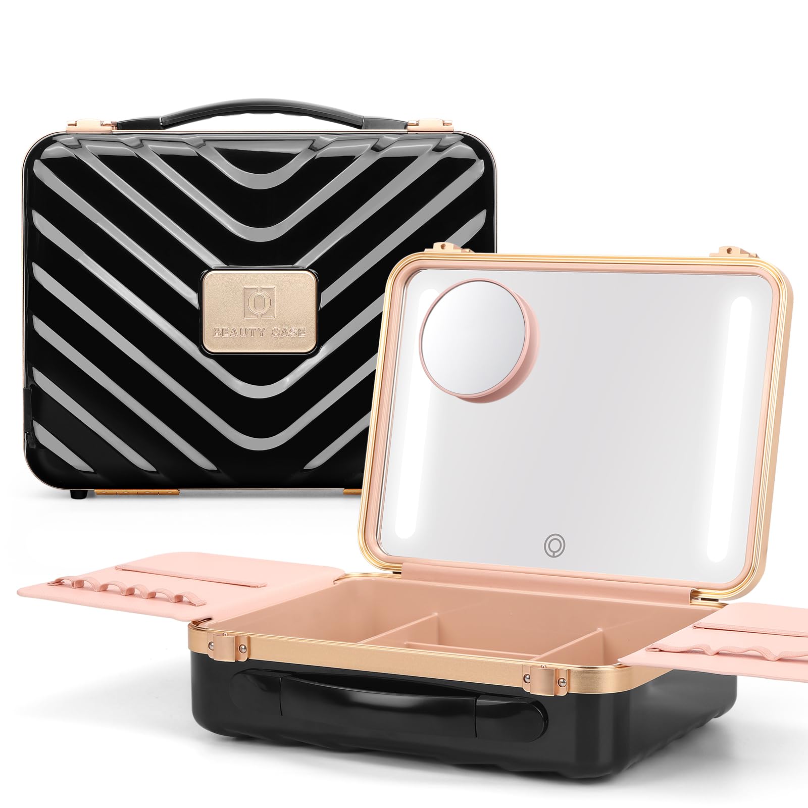 KZAOPZ Travel Makeup Train Case with Mirror: 3 Colors LED Light with 10X Magnification - Portable Make up Organizer Box for Women Girls（Black