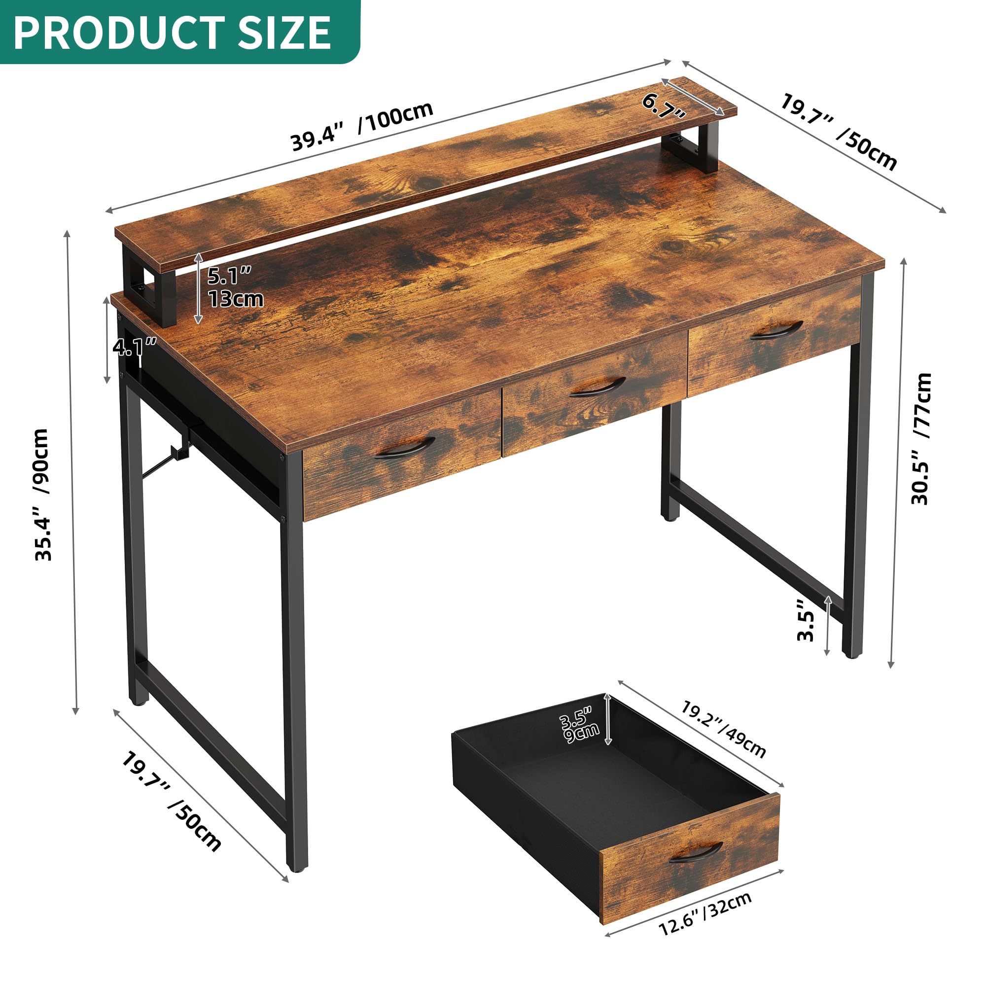YITAHOME Small Computer Desk with Drawers, Office Desk with Monitor Stand for Small Spaces, Home Office Desks, Writing Desk Study Desk with Hooks, 31.4 x 19.7, Rustic Brown