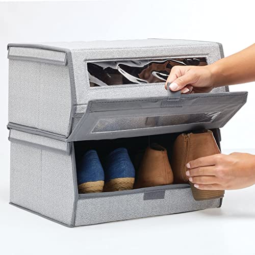 mDesign Large Fabric Closet Shoe Storage Box w/Clear Window - Shoe, Sandal, Sweater, Linen, Clothes Organizer - Boot Storage Solutions - Shoe Bin - Lido Collection, 2 Pack, Gray Herringbone