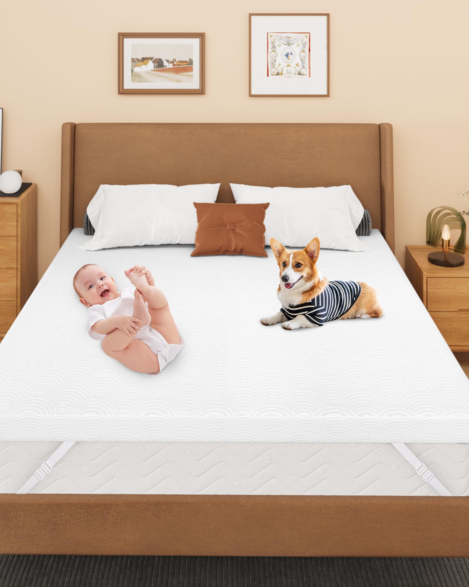 Zenzy 3" Queen Waterproof Mattress Topper Cover, [100% Waterproof] [Ultra-Soft] Cover for Mattress Topper, Washable & with Adjustable Straps, Oeko-TEX Certified [Only Cover]- White
