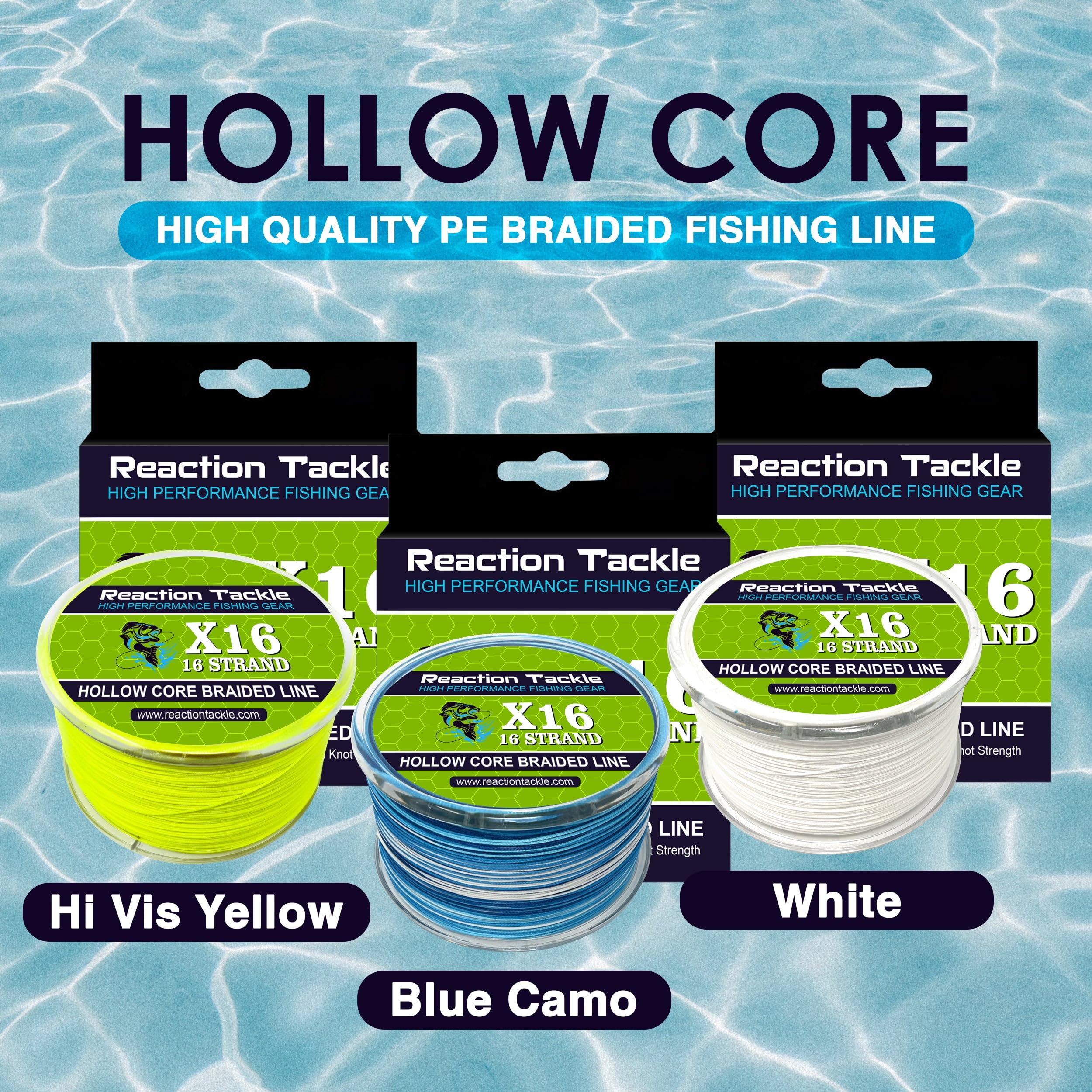 Reaction Tackle Hollow Core, 16 Strand Braided Fishing Line Blue Camo - 80LB / 1000yds
