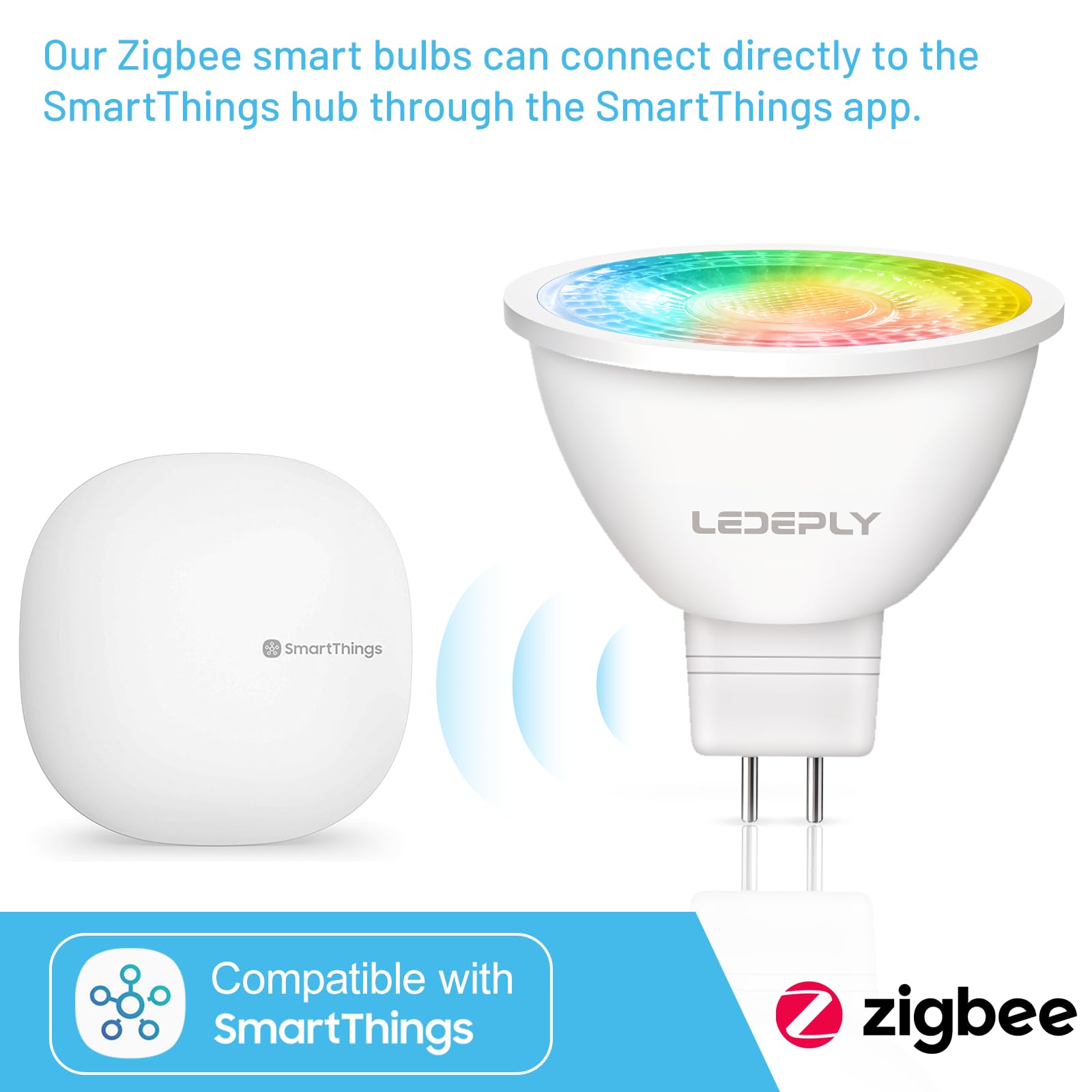 Zigbee MR16 LED Smart Bulb, Hub Required, Compatible with Phi*Lip*s Hu*e*, Alexa, Google, & ConBee, 5W =50W, GU5.3, Dimmable, AC/DC 12V, Color Changing & Tunable White, 2-Pack