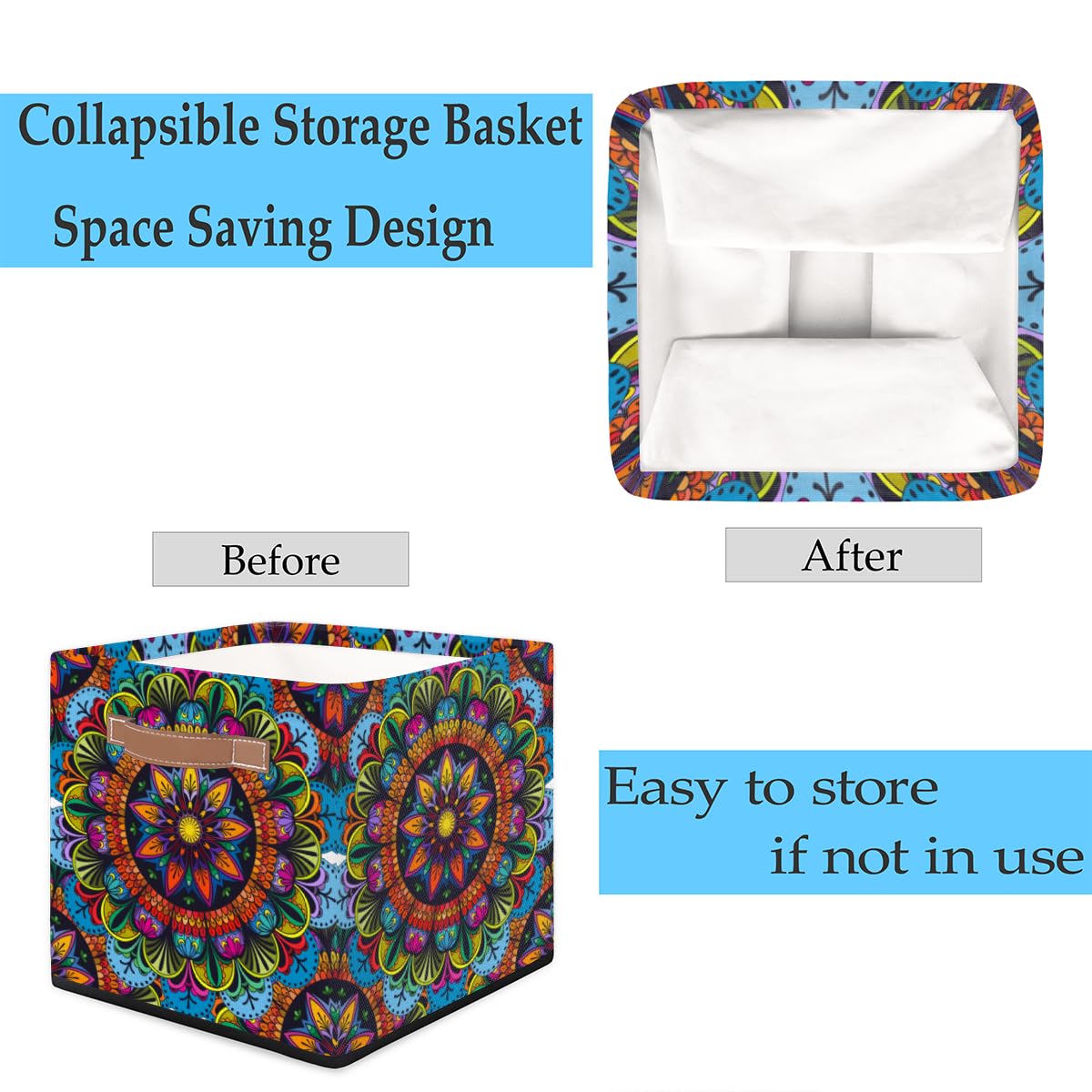 Mandala Floral Storage Basket Collapsible Fabric Storage Box 13x13x13 Inches Square Cube Storage Bins with Handles for Home Living Room Closet Shelf Office Bedroom