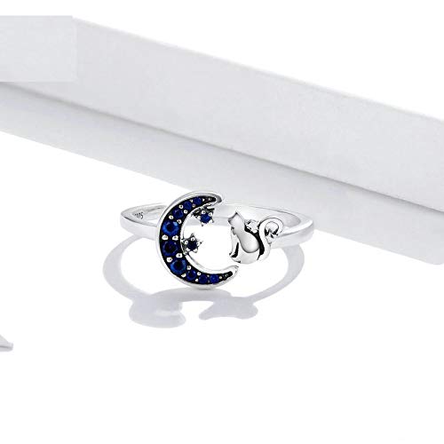 MZC Jewelry Cat Ring Blue Moon Stars Sterling Silver Ring Women Adjustable Open Size Ring for Mom Friends Birthday