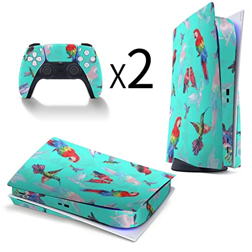 Tropical Birds Parrots, Macaw Print Full Protective Skin Cover Design Wrap Decal Sticker Compatible with PS5 Disk Version Console and Controller