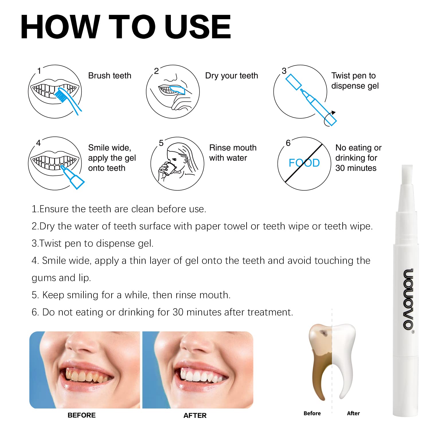 Uouovo Teeth Whitening Pen(6 Pcs) - 90+ Uses - Effective & Painless Whitening - Visibly Whiter Teeth After 1 Week, Natural Mint Flavor
