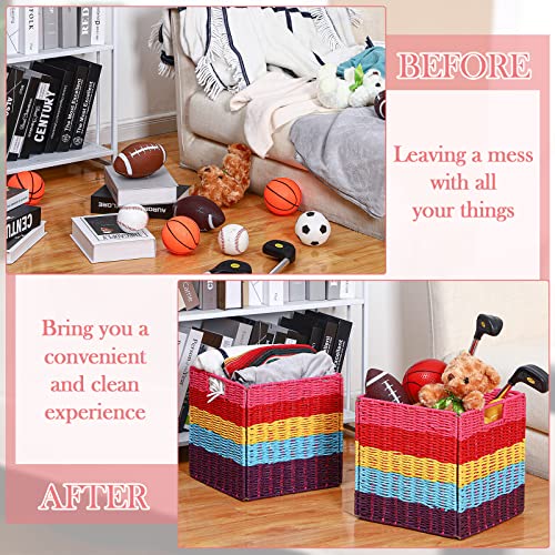 Panelee 2 Pcs Wicker Storage Basket Handwoven Wicker Baskets Foldable Cube Storage Bins with Handles, Large Wicker Square Wicker Storage Baskets for Shelves Pantry, Iridescent 11 x 11 Inch