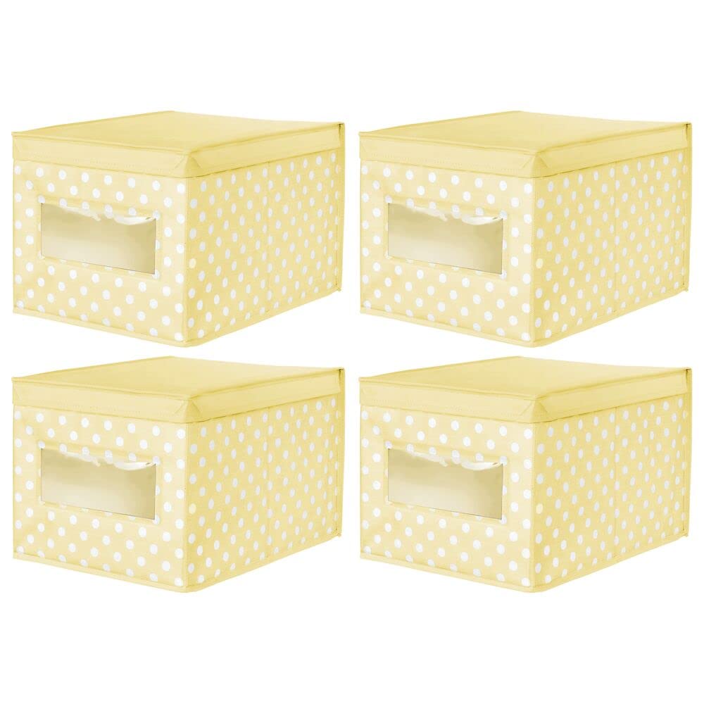 mDesign Large Soft Stackable Fabric Baby Nursery Storage Organizer Holder Bin Box with Front Window/Lid for Child/Kids Bedroom, Playroom, Classroom, Lido Collection, 4 Pack, Lt Yellow/White Polka Dot