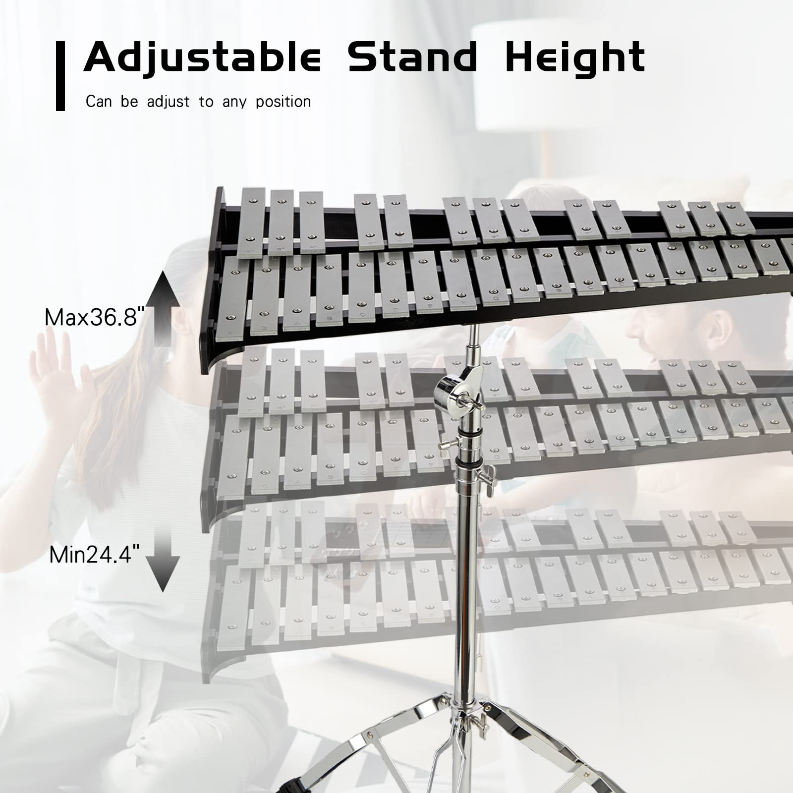 MIRIO Advanced 32 Note Glockenspiel Xylophone Bell Kit Percussion Kit for Adult Beginner Students with Adjustable Stand Mallets, Drum Practice Pad, Glockenspiel Stick, Drum Sticks and Carrying Bag