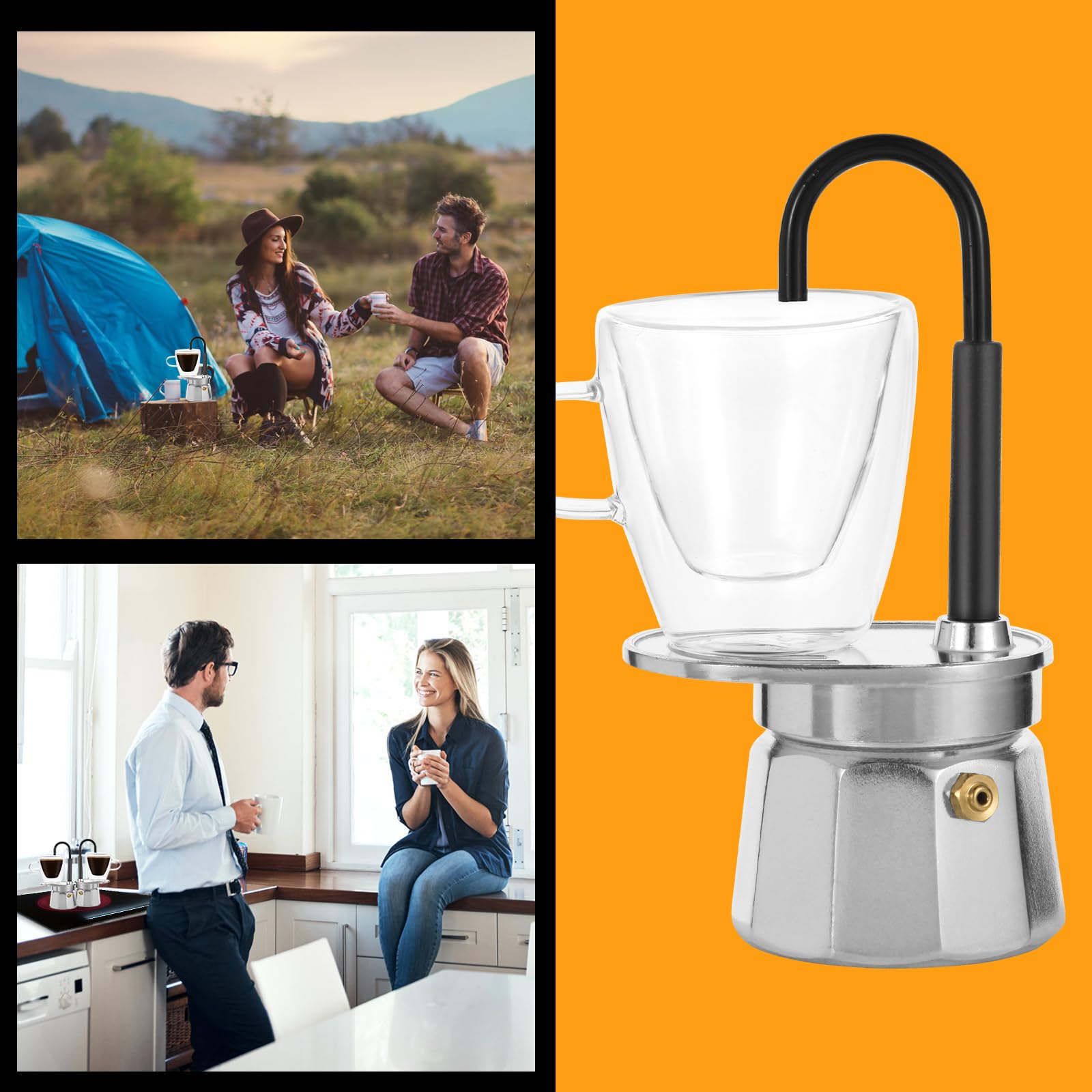 MVPLUE-Mini Express Swiss Single Tube Moka Pot Aluminum Silver,Moka Set includes One Double Wall 3oz Cup,Enjoy delicious coffee in no time