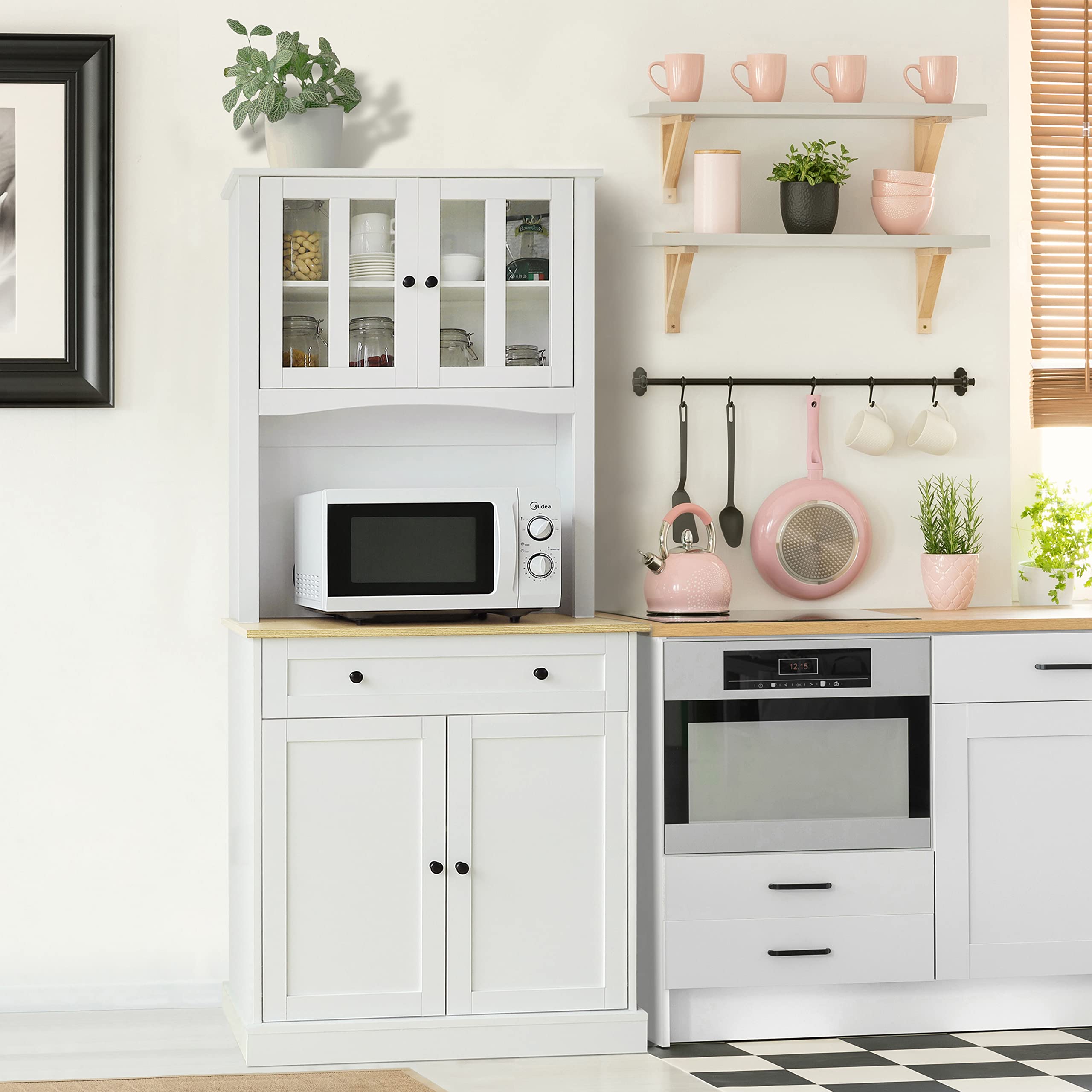 MUPATER 72'' Kitchen Pantry Storage Cabinet Buffet Hutch with Microwave Stand and Drawer, Freestanding Kitchen Pantry with Framed Glass Doors and Shelves, White