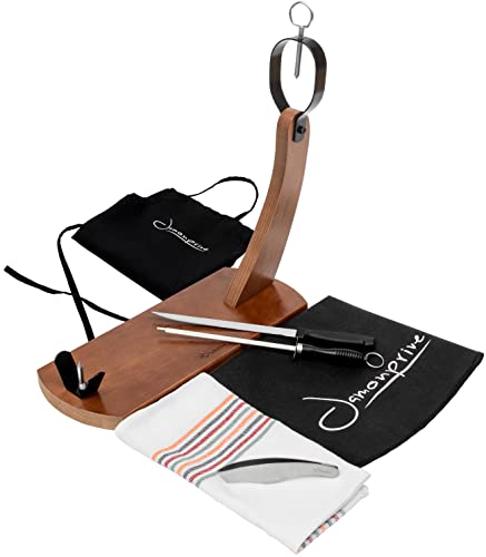 Professional Ham Stand Lacquered with Ham Knife + Sharpening Steel + Ham Cover + Kitchen Cloth + Apron + Tongs - Ham Holder Ideal for Serrano Ham, Iberico Ham and Italian Prosciutto - Jamonprive