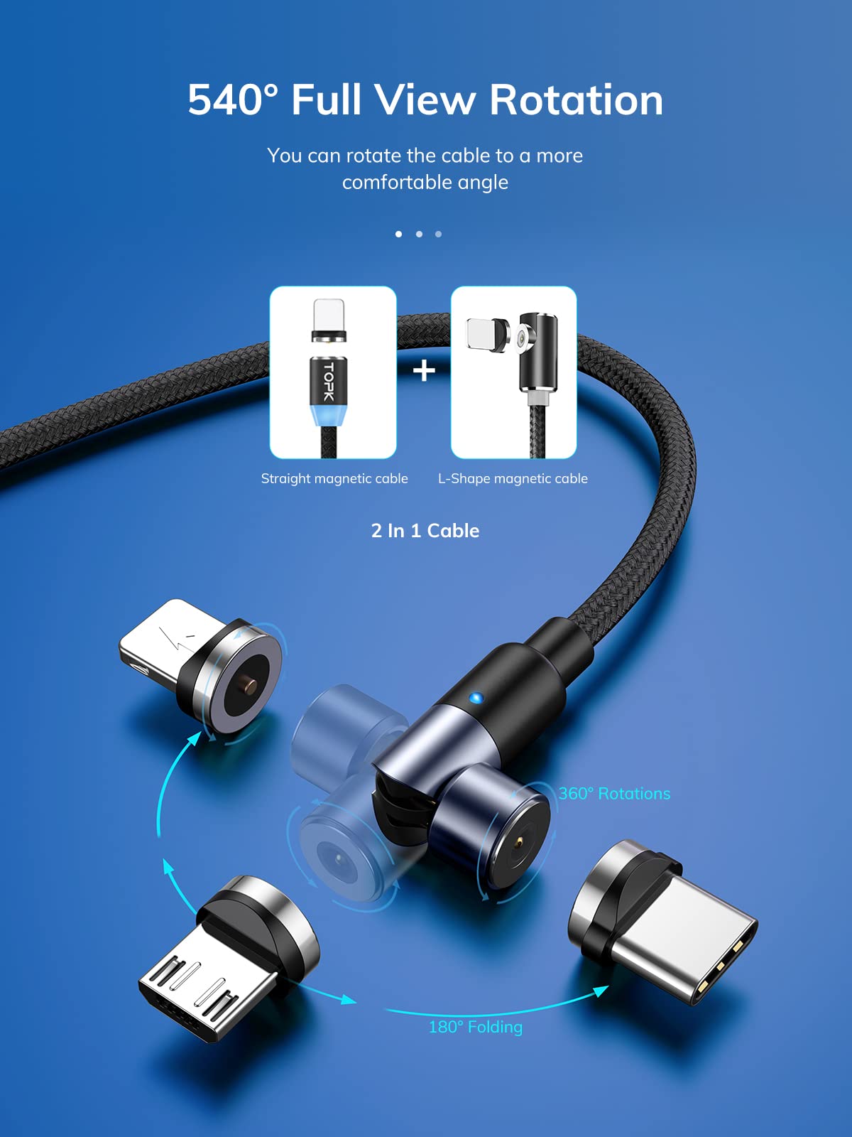 TOPK Magnetic Charging Cable, [6Pack,3.3ft] Magnetic Phone Charger with LED, 360°+ 180° Rotation 3-in-1 Magnetic USB-A to Micro USB,USB C Cable Nylon Braided Cords (Black)