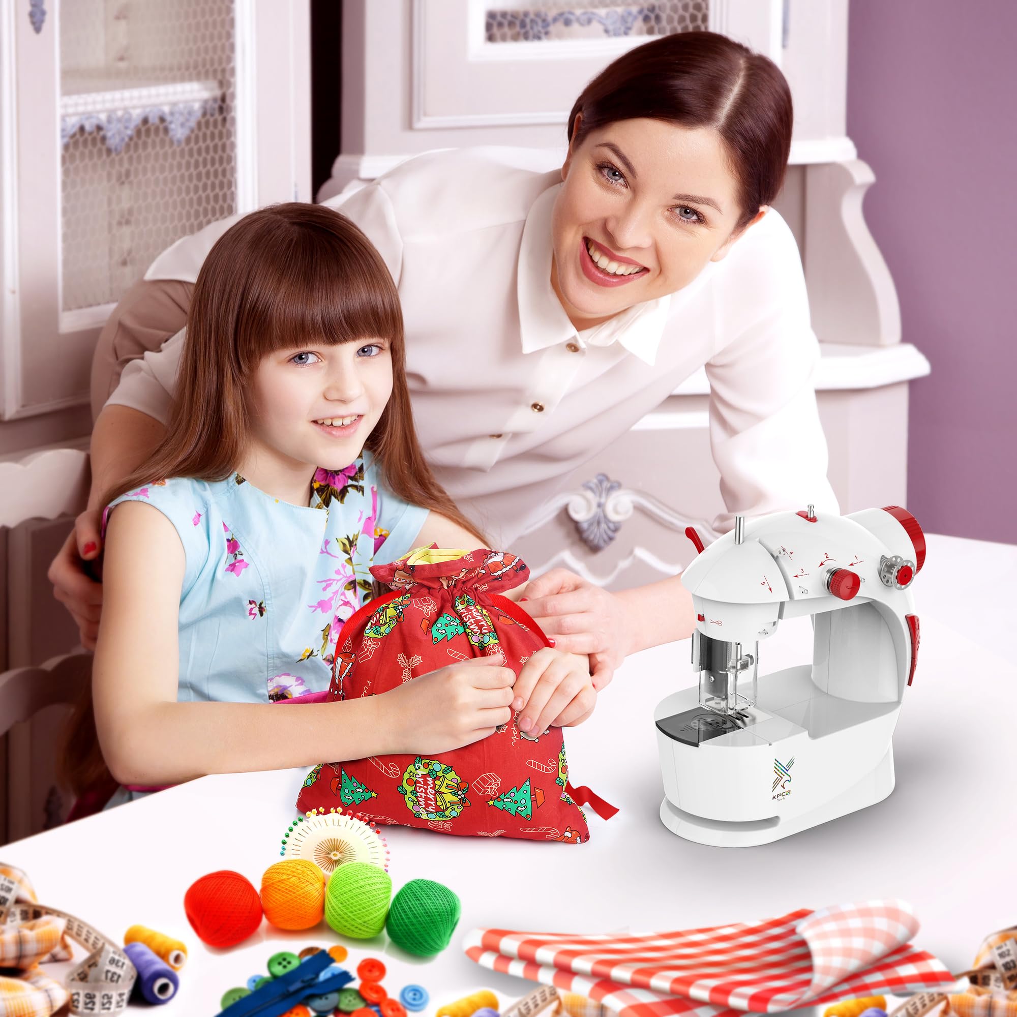 KPCB Tech Kids Sewing Machine with Finger Guard and Christmas DIY Bag Material, Mini Electric Sewing Machine with Foot Pedal (Red)