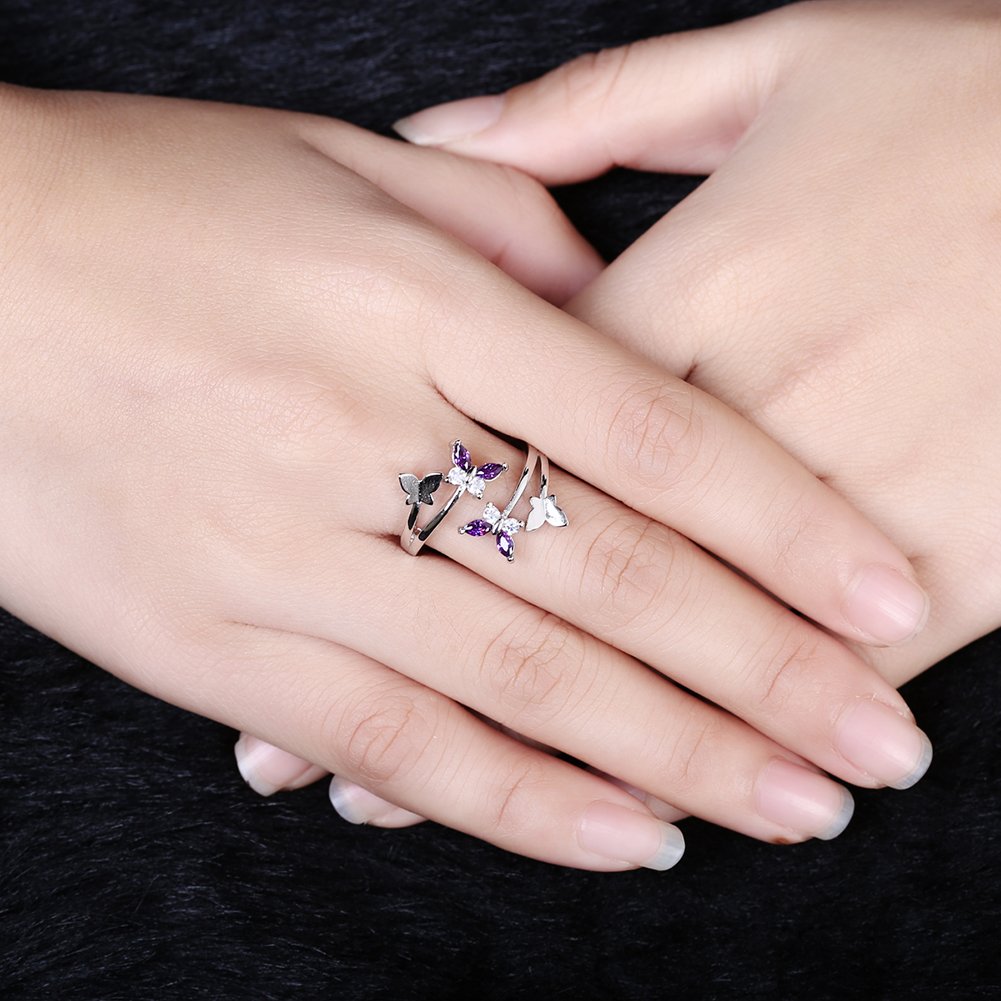 MAIHAO Women's Adjustable Size 925 Sterling Silver Butterfly White Birthstone CZ Butterfly Shape Purple Austrian Crystals Rings