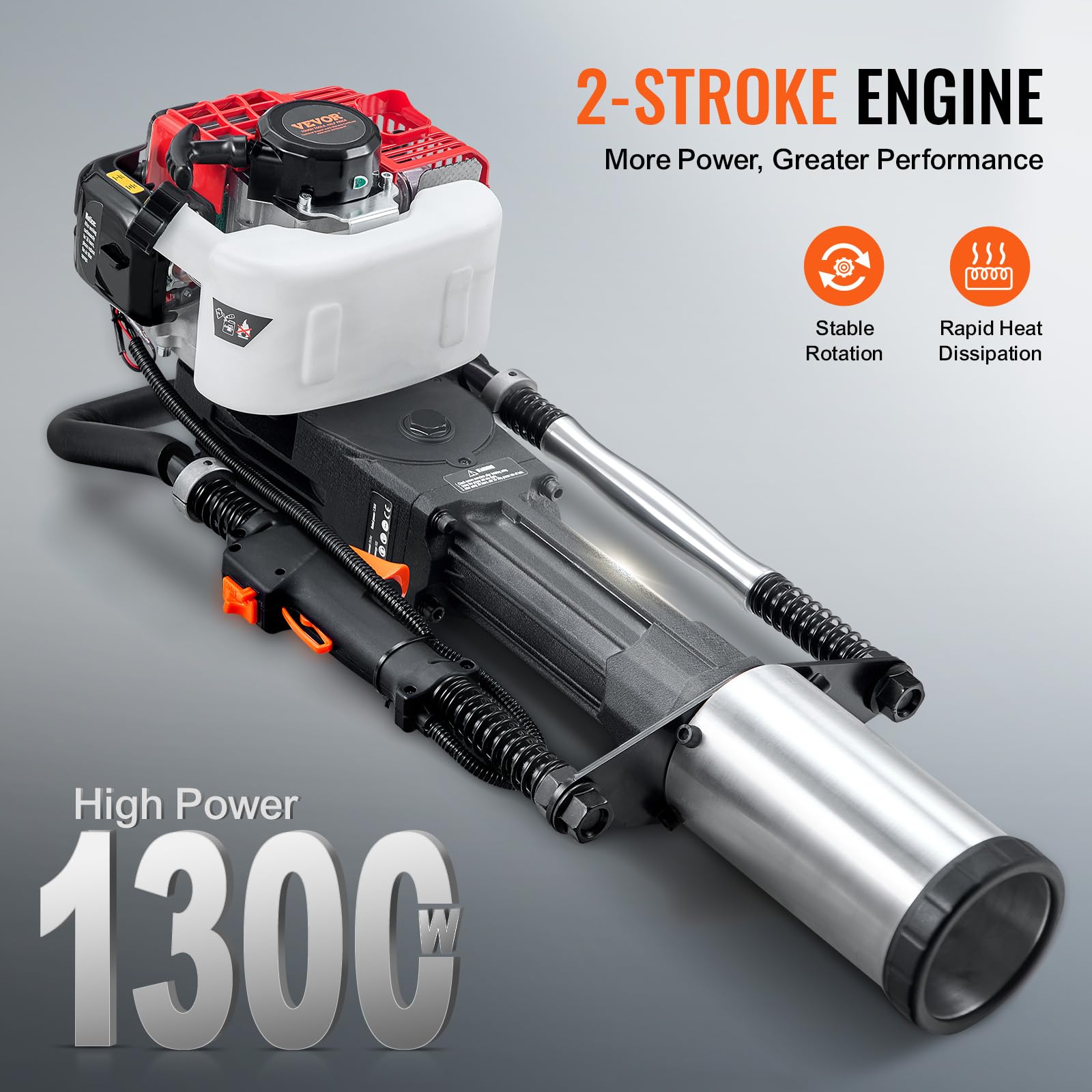 VEVOR 52cc Gas-Powered T Post Driver, 2-Stroke Engine Gasoline Fence Piling Pounder, 1300W Portable Piledriver with 3 Post Driving Head(49/69/100 mm), For Farm, Ranch Fencing, Road Improvements