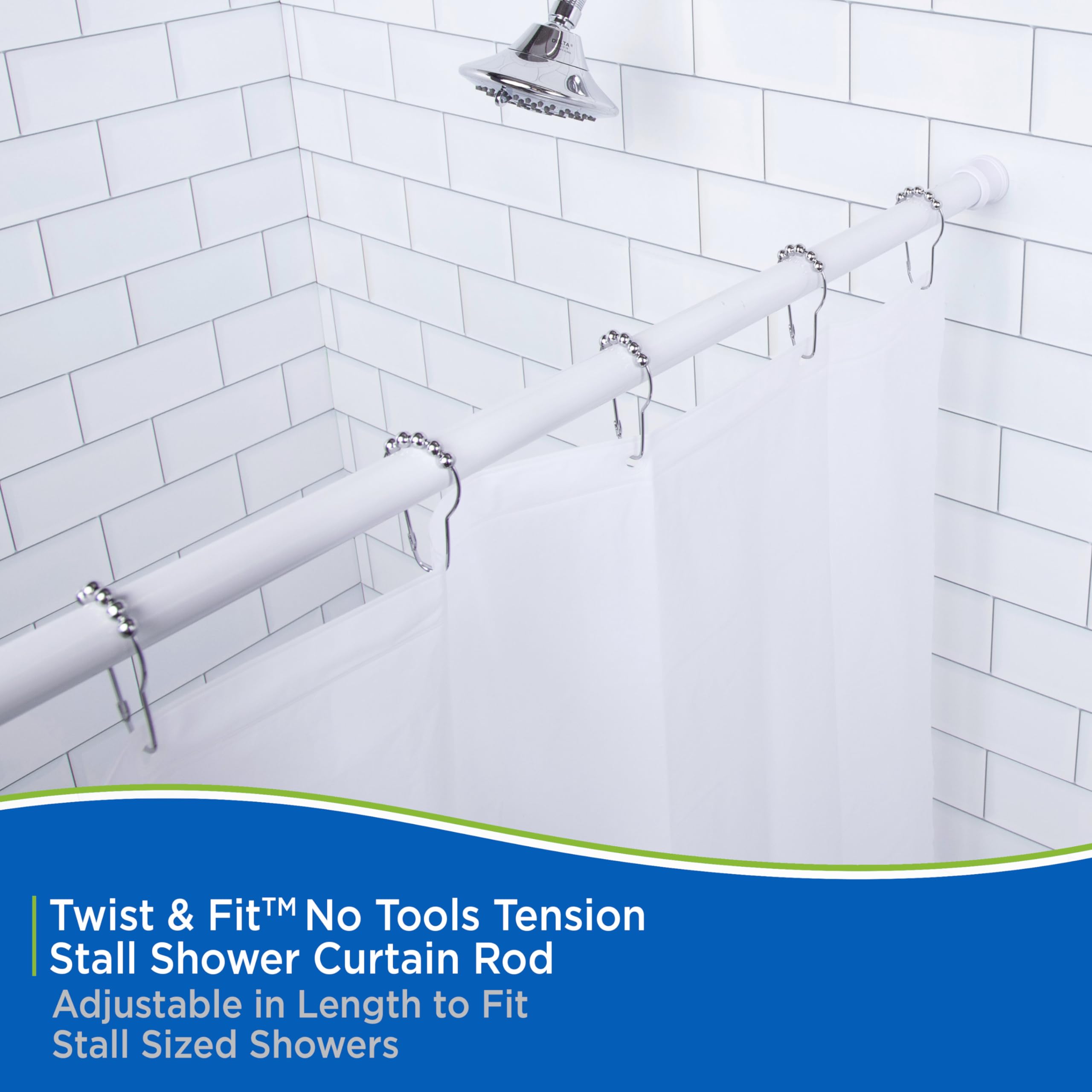 Kenney KN607C/10 Twist & Fit No Tools Camlock Tension Easy Install Stall Shower Curtain Rod with Non-Slip, Non-Scratch Ends, 24-40" Adjustable Length, White, 1" Diameter Rust Resistant Steel Tube