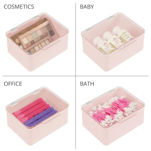mDesign Plastic Cosmetic Storage Organizer Box Containers, Hinged Lid for Bedroom, Bathroom Vanity Shelf or Cabinet, Holds Masks, Palettes, Nail Polish, Lumiere Collection, 2 Pack - Light Pink/Clear