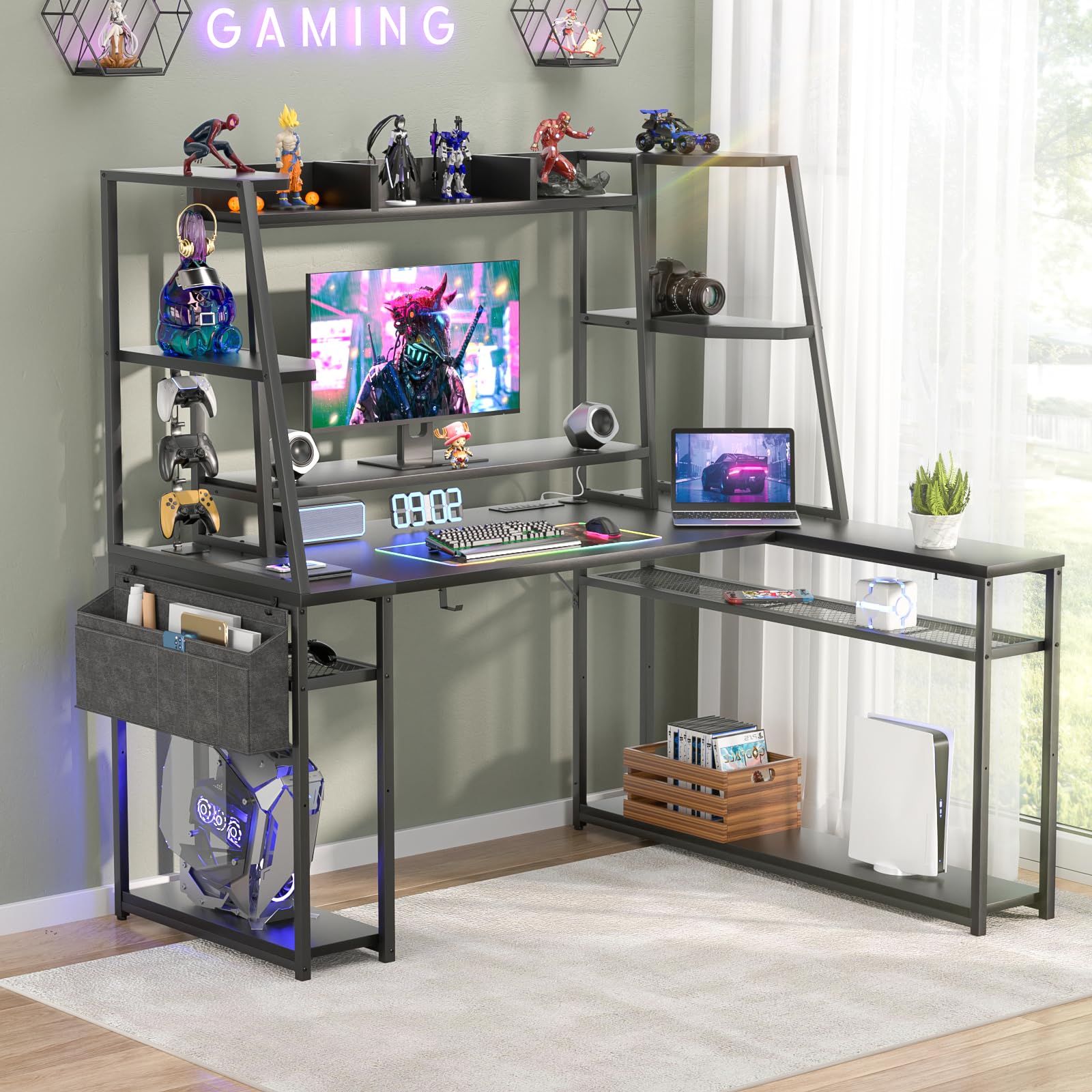 L Shaped Gaming Desk with Hutch & Shelves, 47'' Gaming Computer Desk with LED Lights & Power Strips, Reversible PC Gaming Desk L Shape with Storage, L Desk for Gaming with Monitor Stand, Black